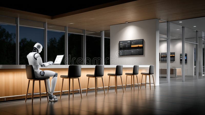 An AI Robot is Seated at a Kitchen Counter, Focused on a Laptop in a ...