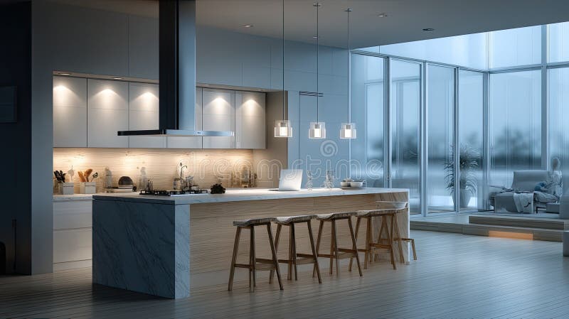 An AI Robot is Seated at a Kitchen Counter, Focused on a Laptop in a ...