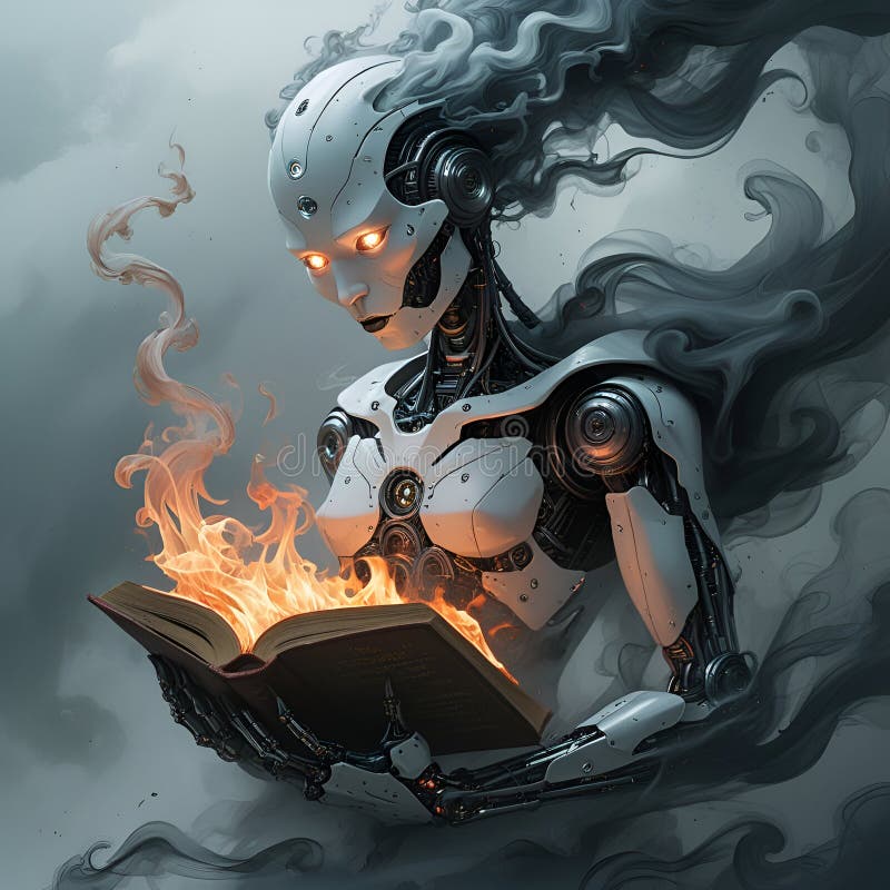 AI Robot is Shown Reading a Book Symbolizing Artificial Intelligence and Technology Education ...