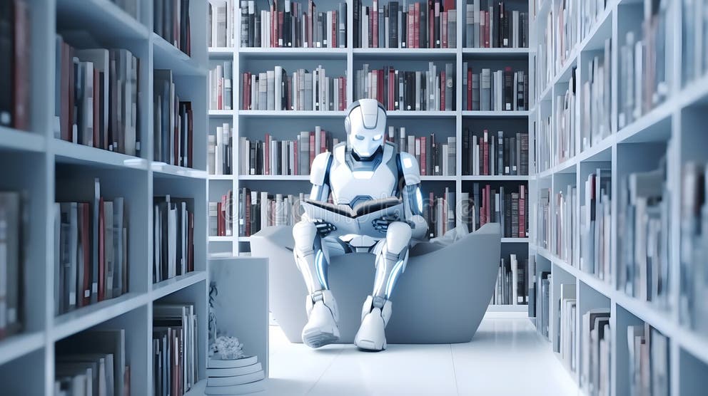 AI Robot Sitting and Reading Book in Library. Artificial Intelligence, Machine Learning ...