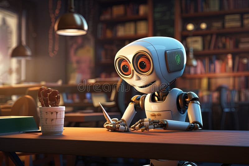 The Ai Robot Sitting at a Table and Studying in the Classroom ...