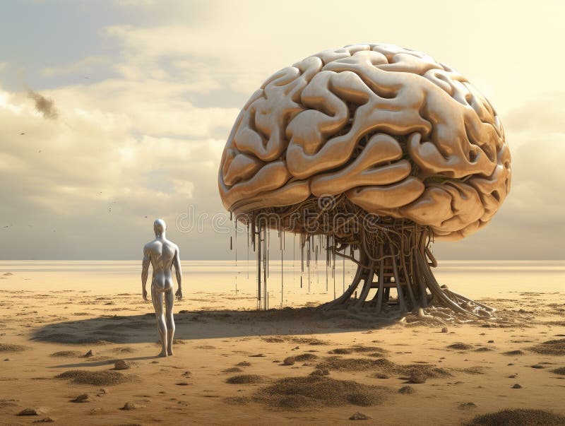AI Robot Standing beside a Huge, Floating Brain in the Desert, AI ...