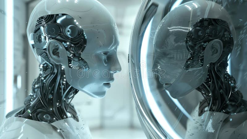 AI Robot Studying Its Reflection in a Futuristic Setting Stock Image ...