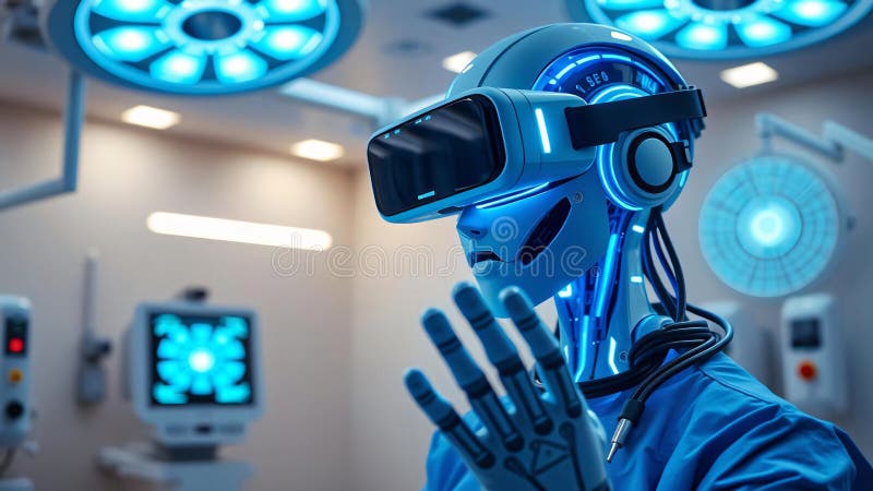 An AI Robot Surgeon Wears VR Glasses and Performs Remote Surgery Stock ...
