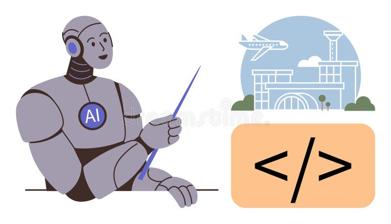 AI Robot Teaching Programming Concepts with Airport Background and Code Symbol for Technology ...