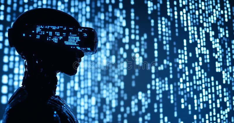 AI Robot in VR with Digital Code Background Stock Illustration ...