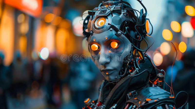 An AI Robot Walks through a City at Night Symbolizing Artificial ...