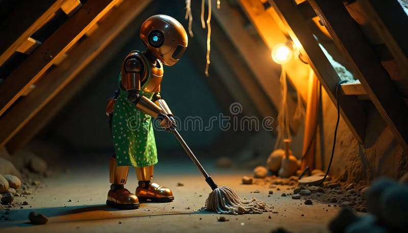 An AI Robot Wears an Apron and is Cleaning the Attic Using a Mop ...
