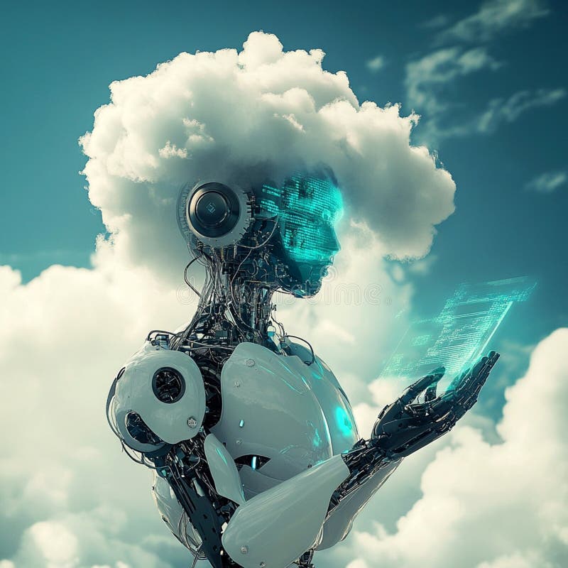 Futuristic Robot Woman Cloud Computing Digital Data Processing AI ...