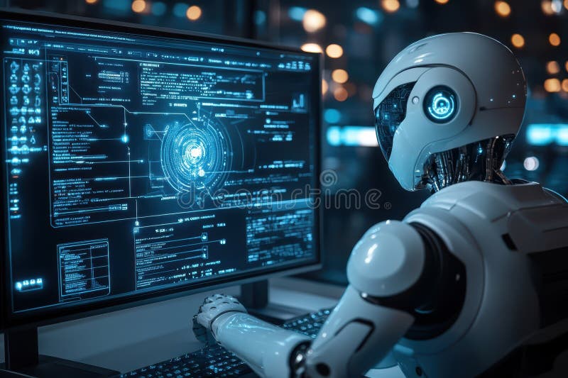 AI Robot Working on Computer Blue Screen Code Stock Illustration ...