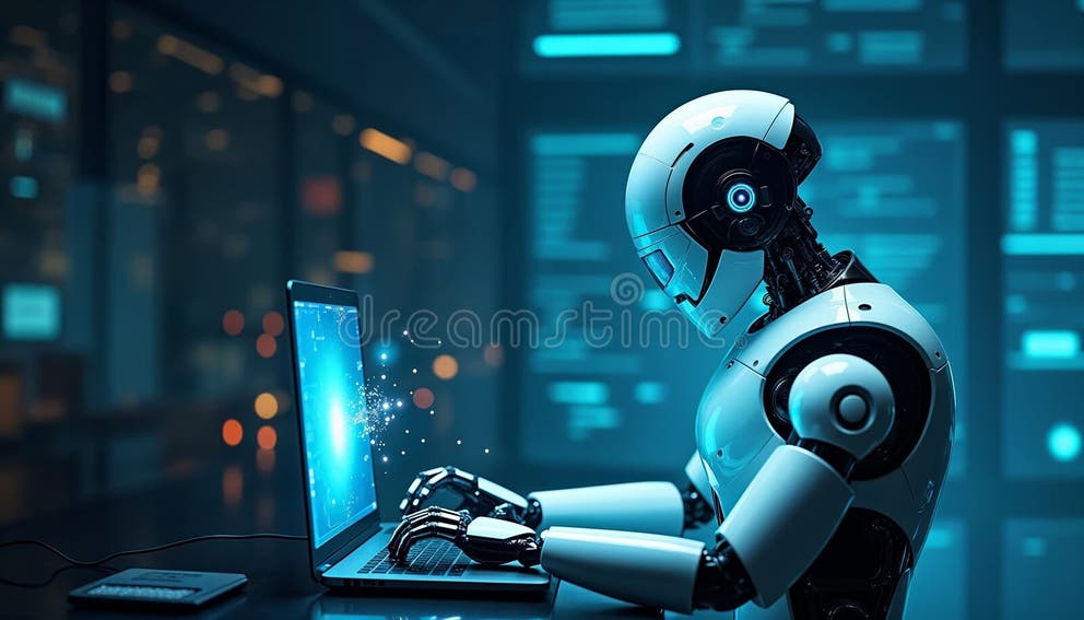 AI Robot Working on Computer with Cybersecurity Technology in ...