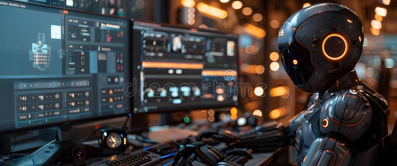 AI Robot Working on Computer in Video Editing Studio Stock Illustration - Illustration of ...