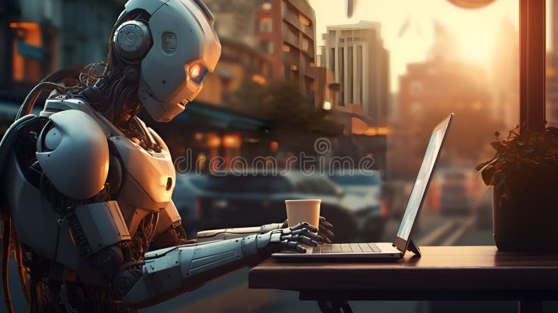 AI Robot Working at the Desk with Laptop, Artificial Intelligence Stock ...