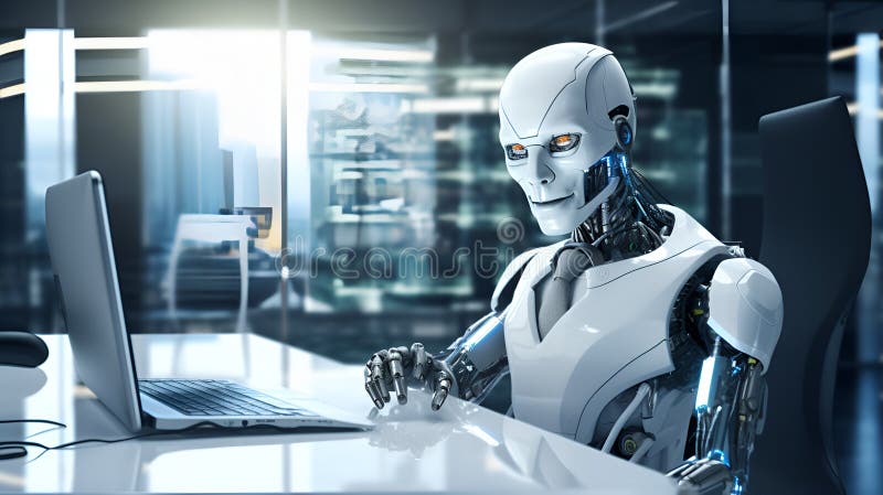 AI Robot Working at the Desk with Laptop, Artificial Intelligence Stock ...