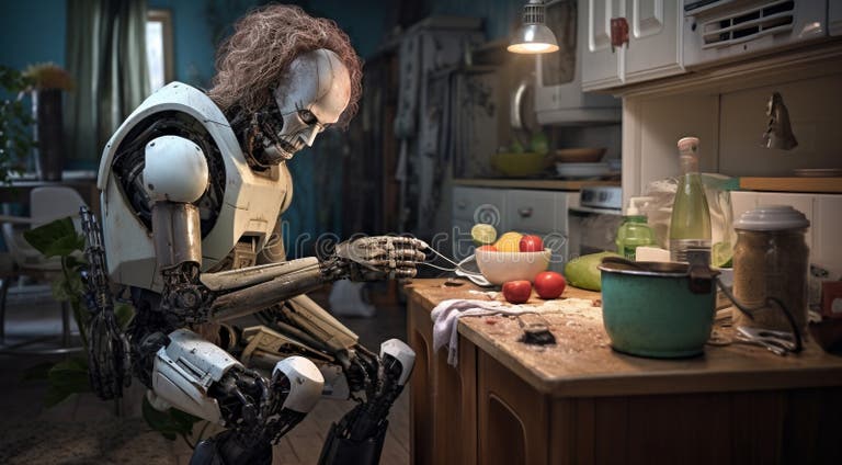 AI Robot Working in the House, AI Robot Doing Homework at Home, Bionic ...