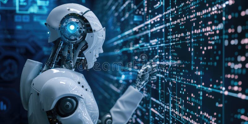 AI Robot Works with Data Via Digital Interface, Concentrating on ...