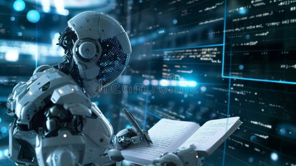 AI Robot Writing and Analyzing in Futuristic Lab Stock Photo - Image of ...