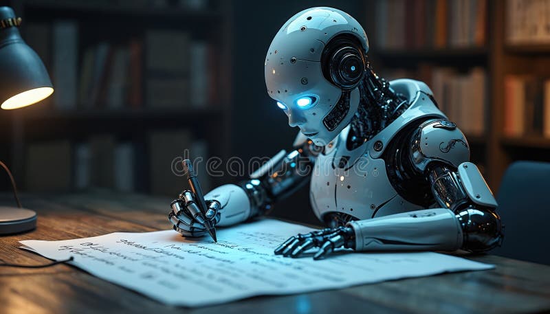 AI Robot Writing on Paper, Exploring Digital Technology, Futuristic Concept. Artificial ...