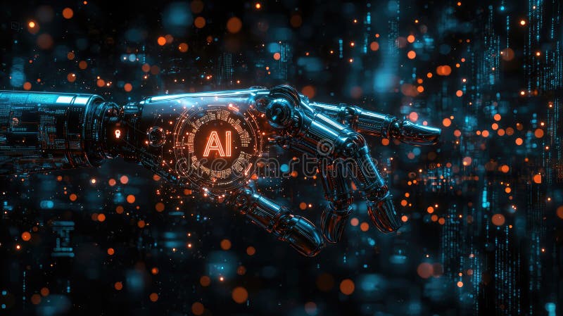 AI Robotic Hand with Glowing Symbol and Futuristic Digital Interface, Artificial Intelligence ...