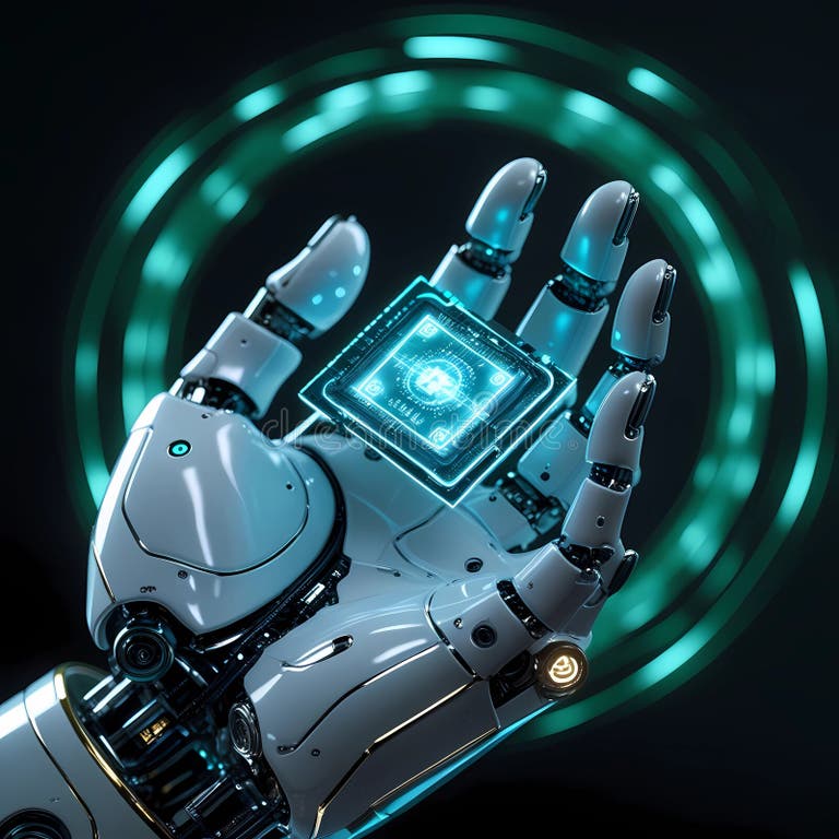 AI Robotic Hand with Holographic Microchip in Modern Futuristic ...