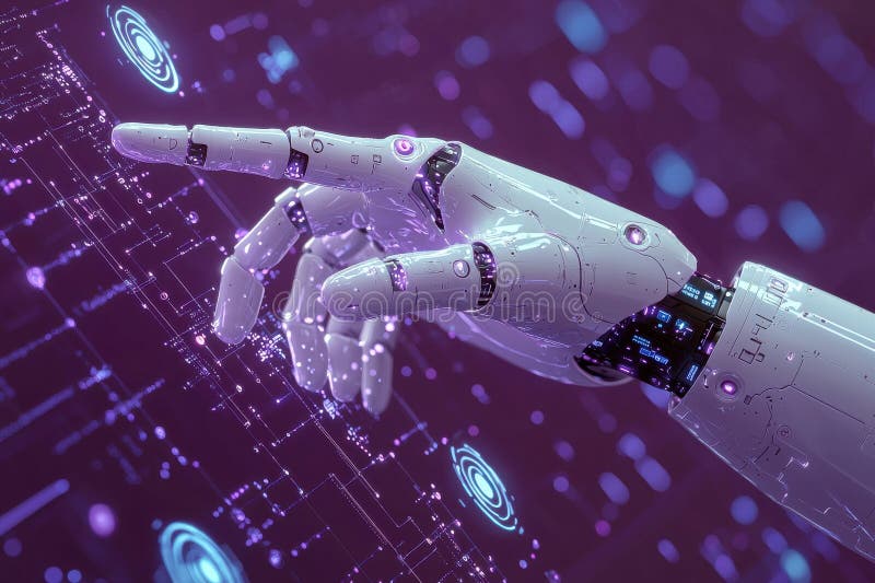 AI Robotic Hand Interacting with Holographic Digital Data Interface Stock Photo - Image of ...