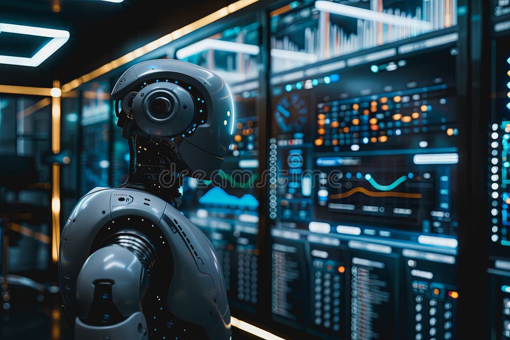 AI Robots with Screens Displaying Real Time Data Analysis and Learning ...