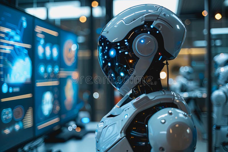 Ai Robots With Screens Displaying Real Time Data Analysis And Learning Big Data In The World