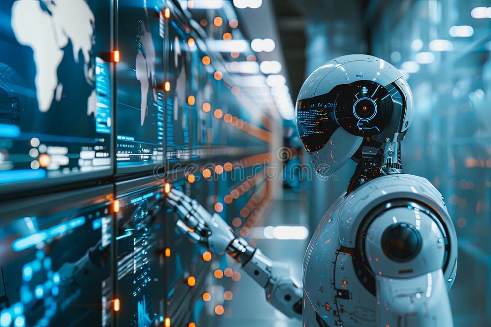 AI Robots with Screens Displaying Real Time Data Analysis and Learning ...