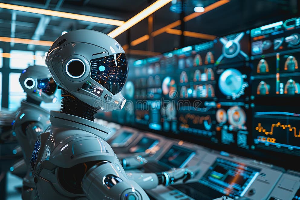 AI Robots with Screens Displaying Real Time Data Analysis and Learning ...