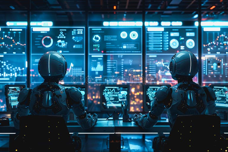 AI Robots with Screens Displaying Real Time Data Analysis and Learning ...