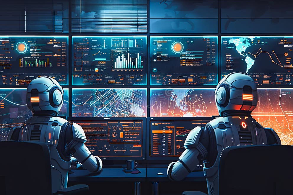 AI Robots with Screens Displaying Real Time Data Analysis and Learning Big Data in the World ...
