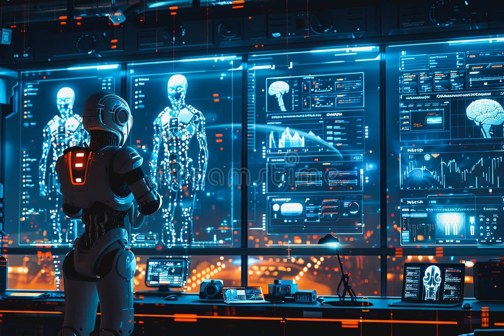 AI Robots with Screens Displaying Real Time Data Analysis and Learning Big Data in the World ...