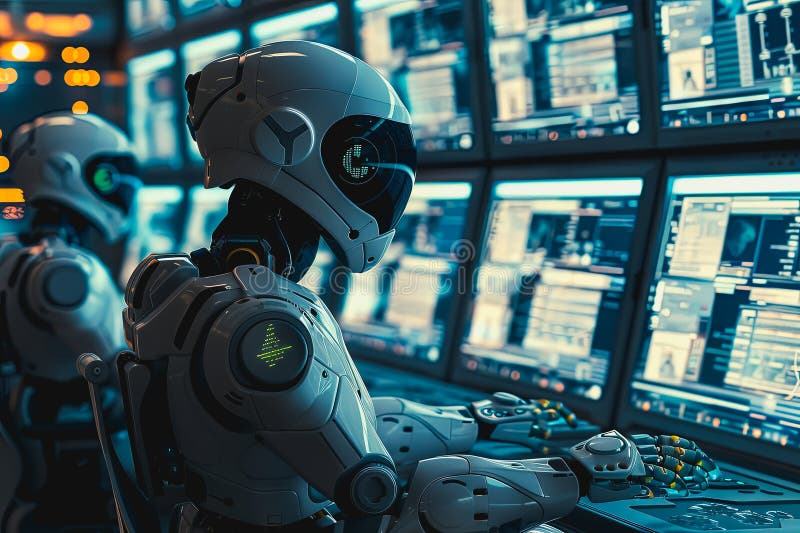 Ai Robots With Screens Displaying Real Time Data Analysis And Learning Big Data In The World