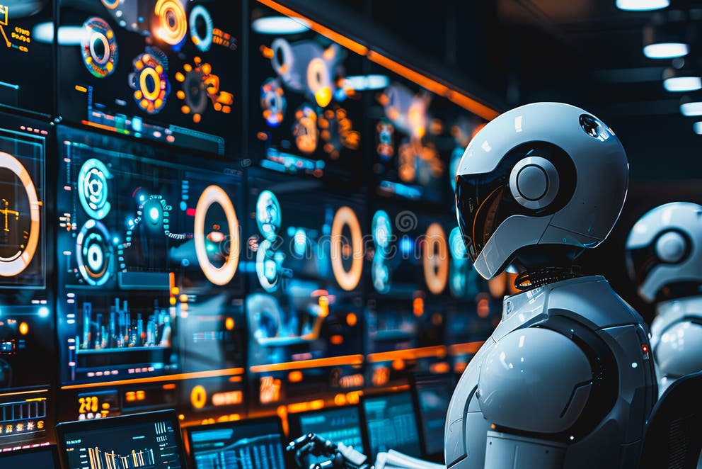 AI Robots with Screens Displaying Real Time Data Analysis and Learning ...