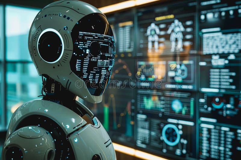 AI Robots with Screens Displaying Real Time Data Analysis and Learning ...