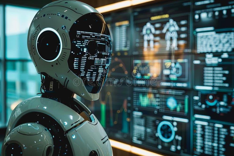 AI Robots with Screens Displaying Real Time Data Analysis and Learning ...