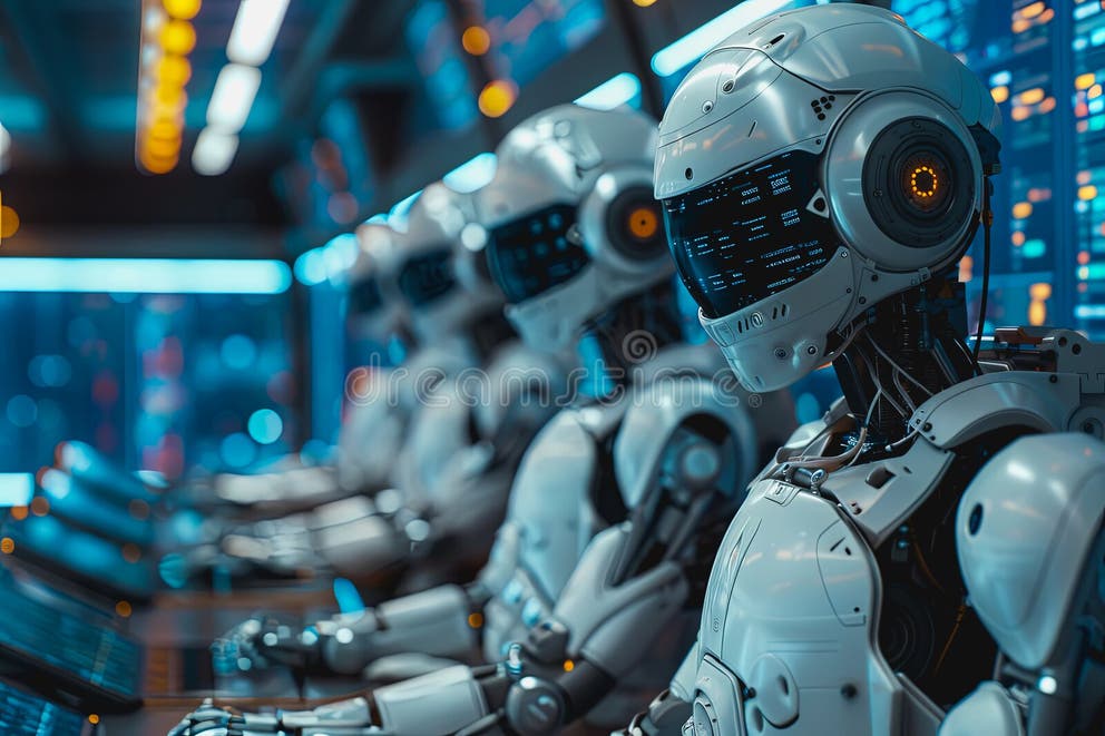 AI Robots with Screens Displaying Real Time Data Analysis and Learning ...