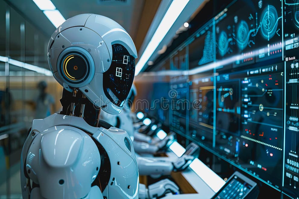 AI Robots with Screens Displaying Real Time Data Analysis and Learning ...