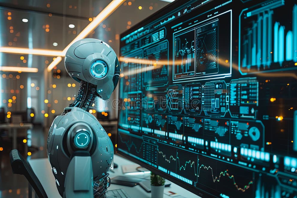 AI Robots with Screens Displaying Real Time Data Analysis and Learning ...