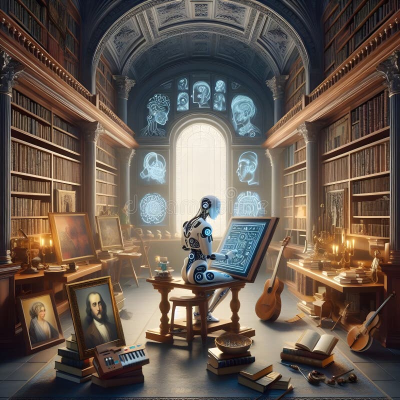 AI Robots Sit and Do Art in an Ancient but Modern Library. Stock Photo ...
