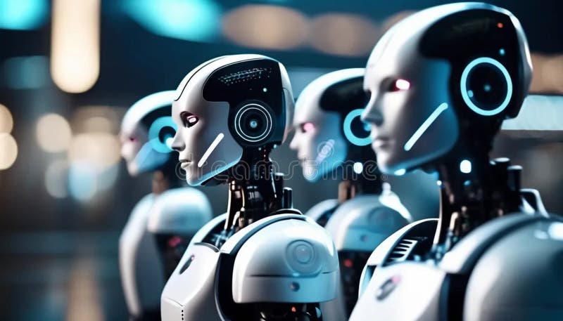 Futuristic robots in a row stock illustration. Illustration of font ...