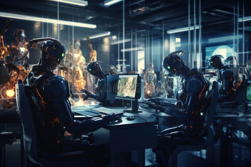 AI Robots Using Multiple Computers Working Monitoring Data in Office ...