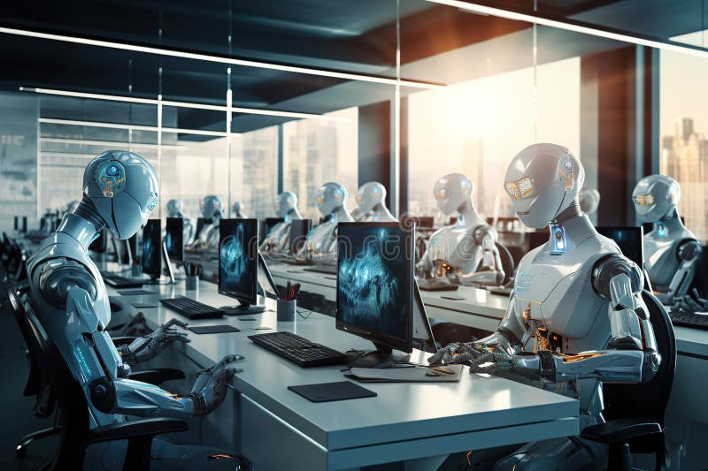 AI Robots Using Multiple Computers Working Monitoring Data in Office ...