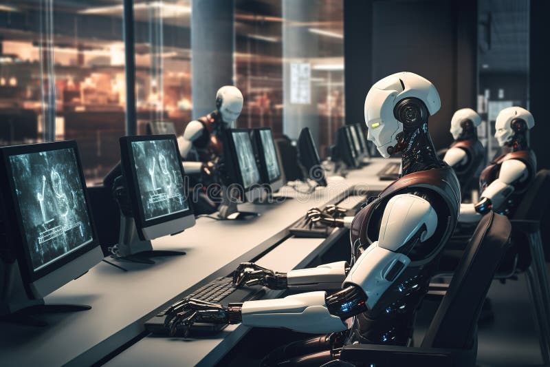 AI Robots Using Multiple Computers Working Monitoring Data in Office ...