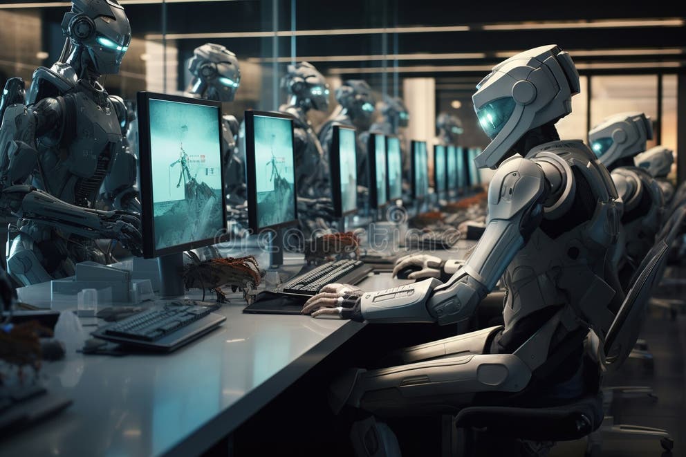 AI Robots Using Multiple Computers Working Monitoring Data in Office Generative AI Stock ...