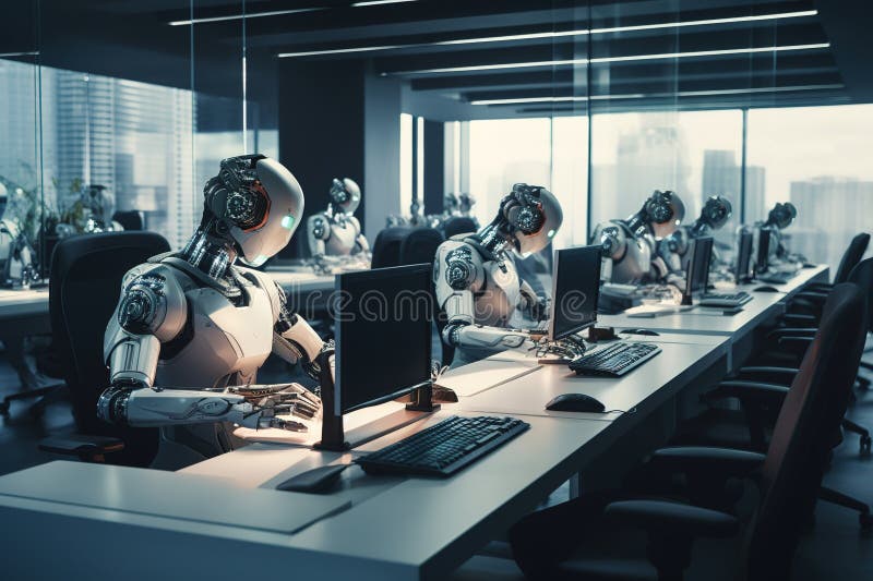AI Robots Using Multiple Computers Working Monitoring Data in Office Generative AI Stock ...