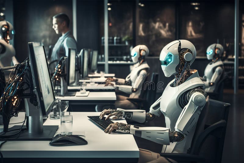 AI Robots Using Multiple Computers Working Monitoring Data in Office ...