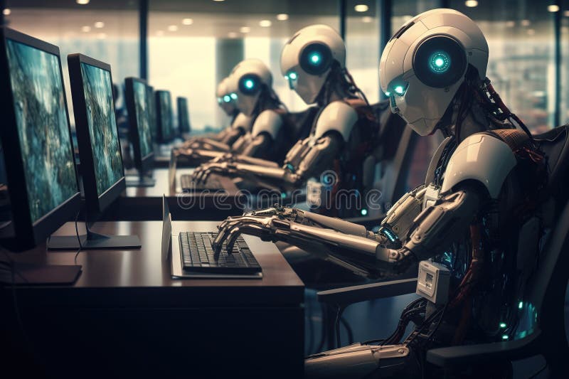 AI Robots Using Multiple Computers Working Monitoring Data in Office ...