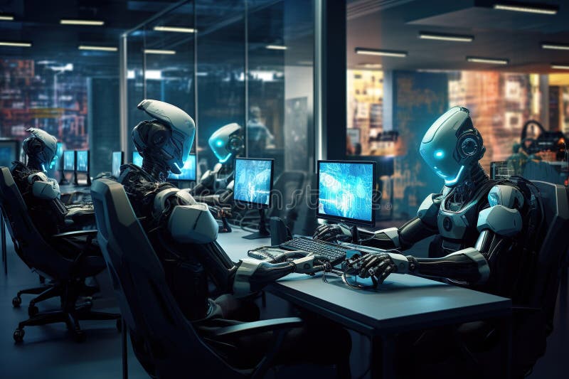 AI Robots Using Multiple Computers Working Monitoring Data in Office Generative AI Stock ...