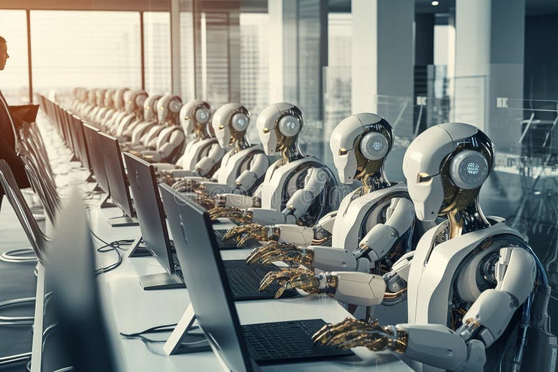 AI Robots Using Multiple Computers Working Monitoring Data in Office ...